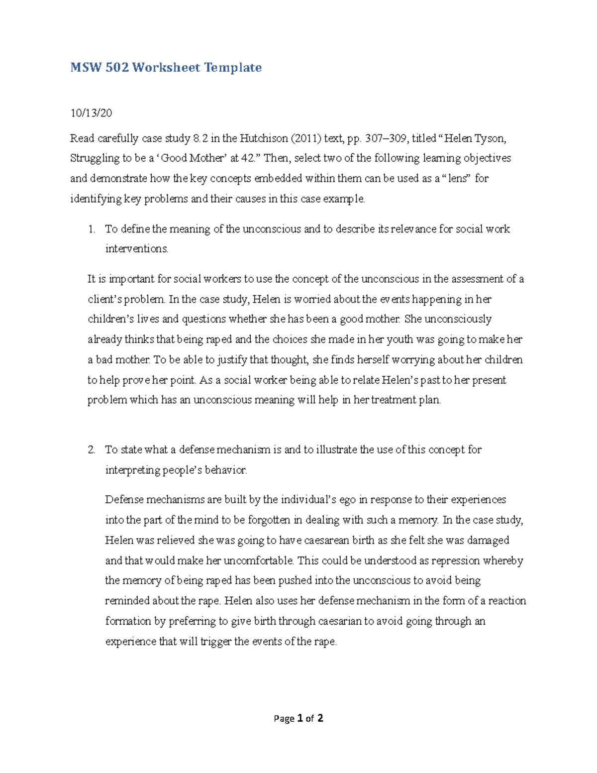 Worksheet Module 7 - MSW 502 Worksheet Template 10/13/ Read carefully ...