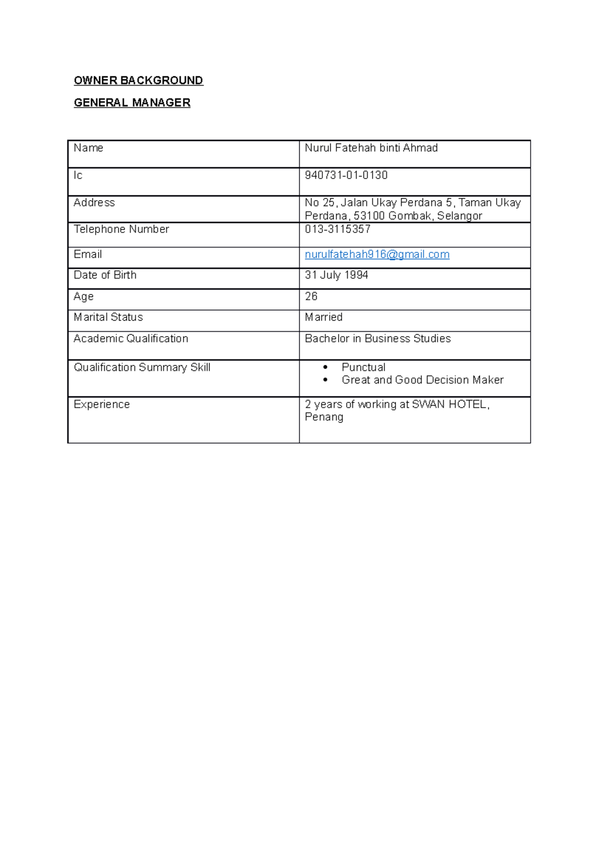 Owner Background ENT300 - OWNER BACKGROUND GENERAL MANAGER Name Nurul ...