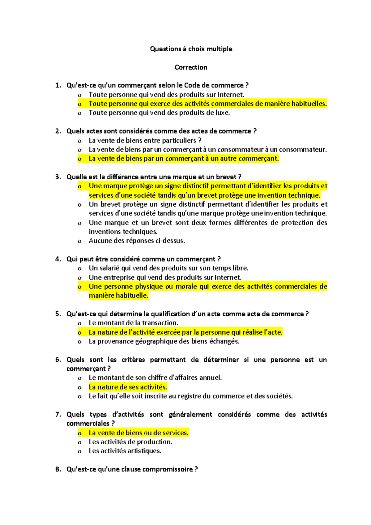 Correction Droit commercial - QCM - Questions à choix multiple ...