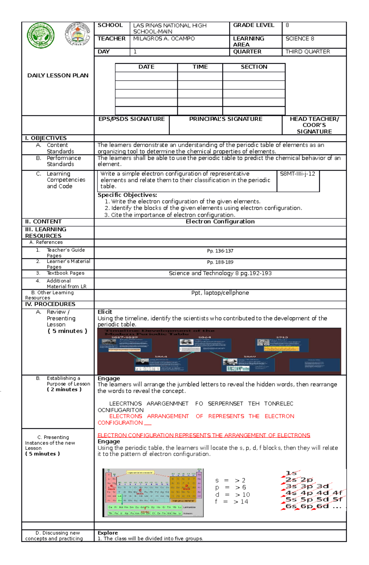 Day 1 Electron Configuration - DAILY LESSON PLAN SCHOOL LAS PIṄAS ...