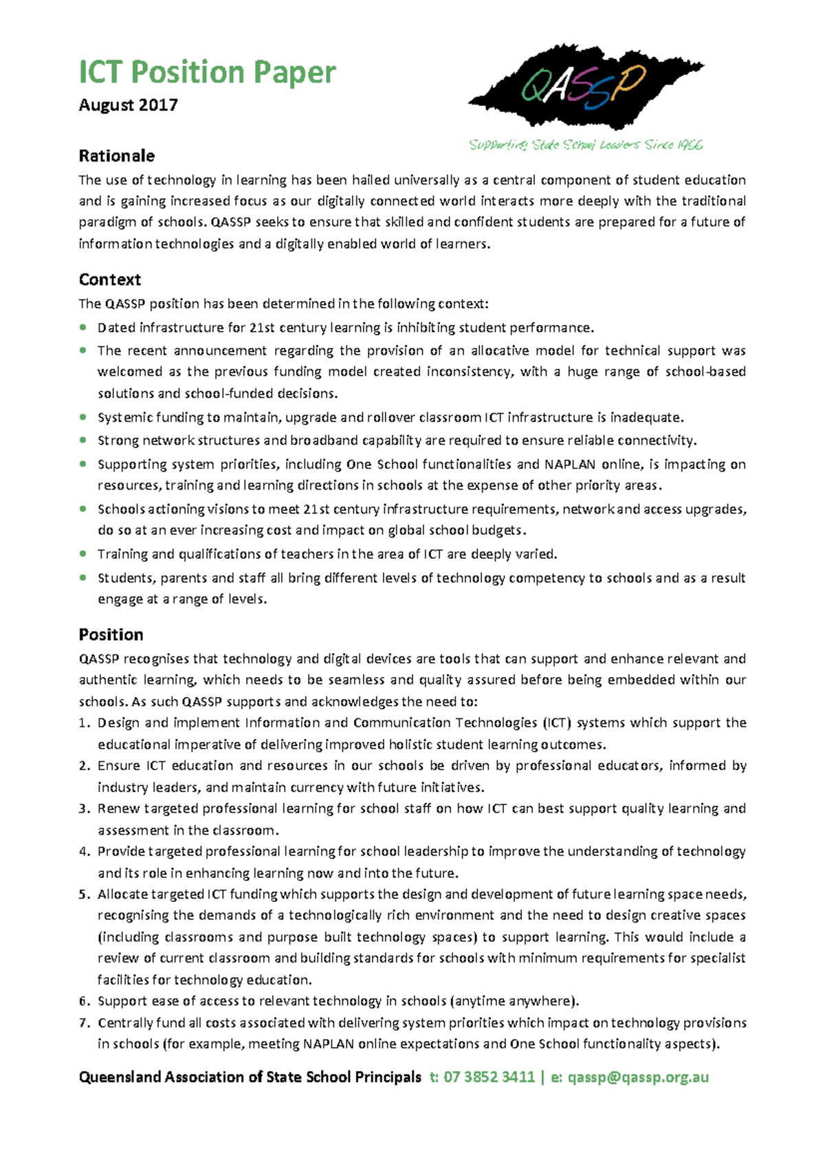 Qassp ICT Position Paper - ICT Position Paper August 2017 Rationale The ...