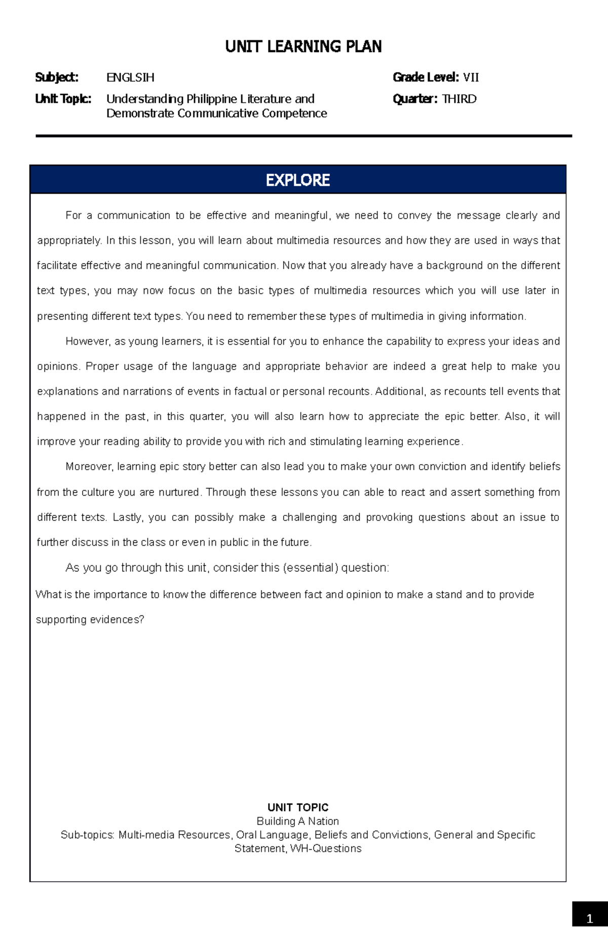 English VII- LP FOR 2022-2023 3RD QTR - UNIT LEARNING PLAN Subject ...