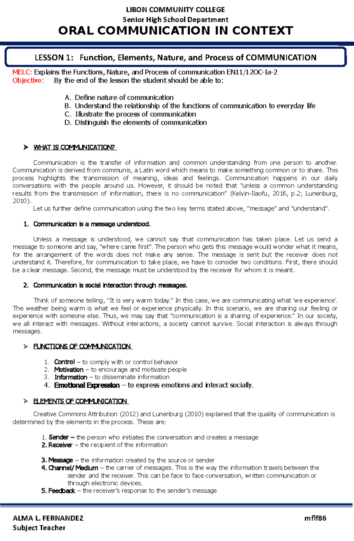 Lesson 1 ORAL COMM - subject in senior high school - LIBON COMMUNITY ...