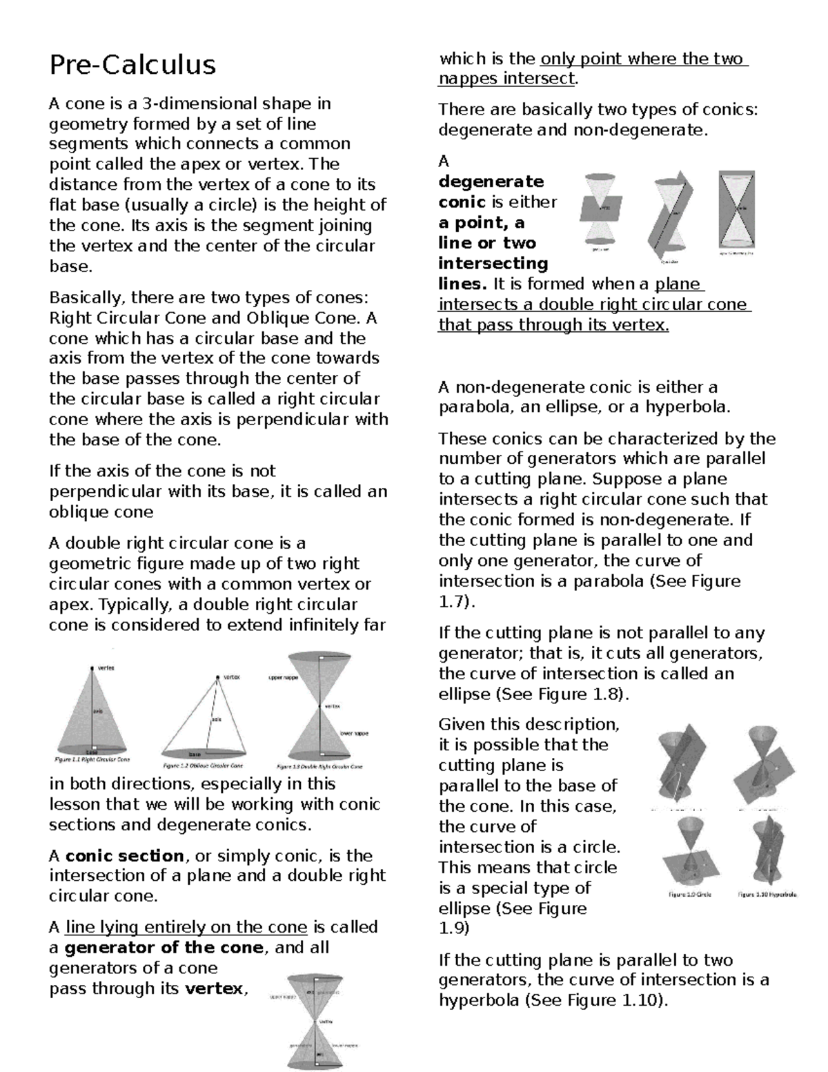 Pre-Cal - bka makahelp sa exam - Pre-Calculus A cone is a 3-dimensional ...