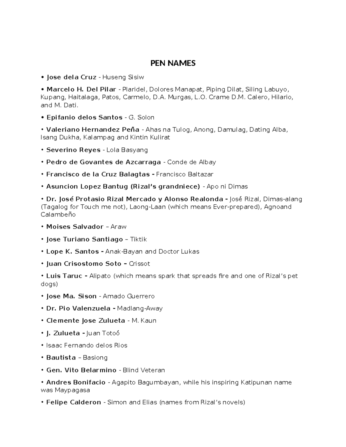 PEN Names - PEN NAMES • Jose dela Cruz - Huseng Sisiw • Marcelo H. Del ...