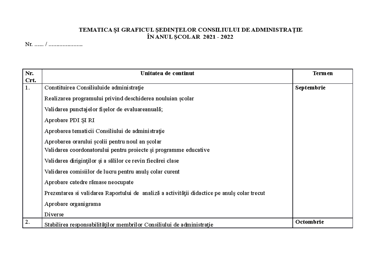 4 Tematica și Graficul ședințelor CA - TEMATICA ȘI GRAFICUL ŞEDINŢELOR ...