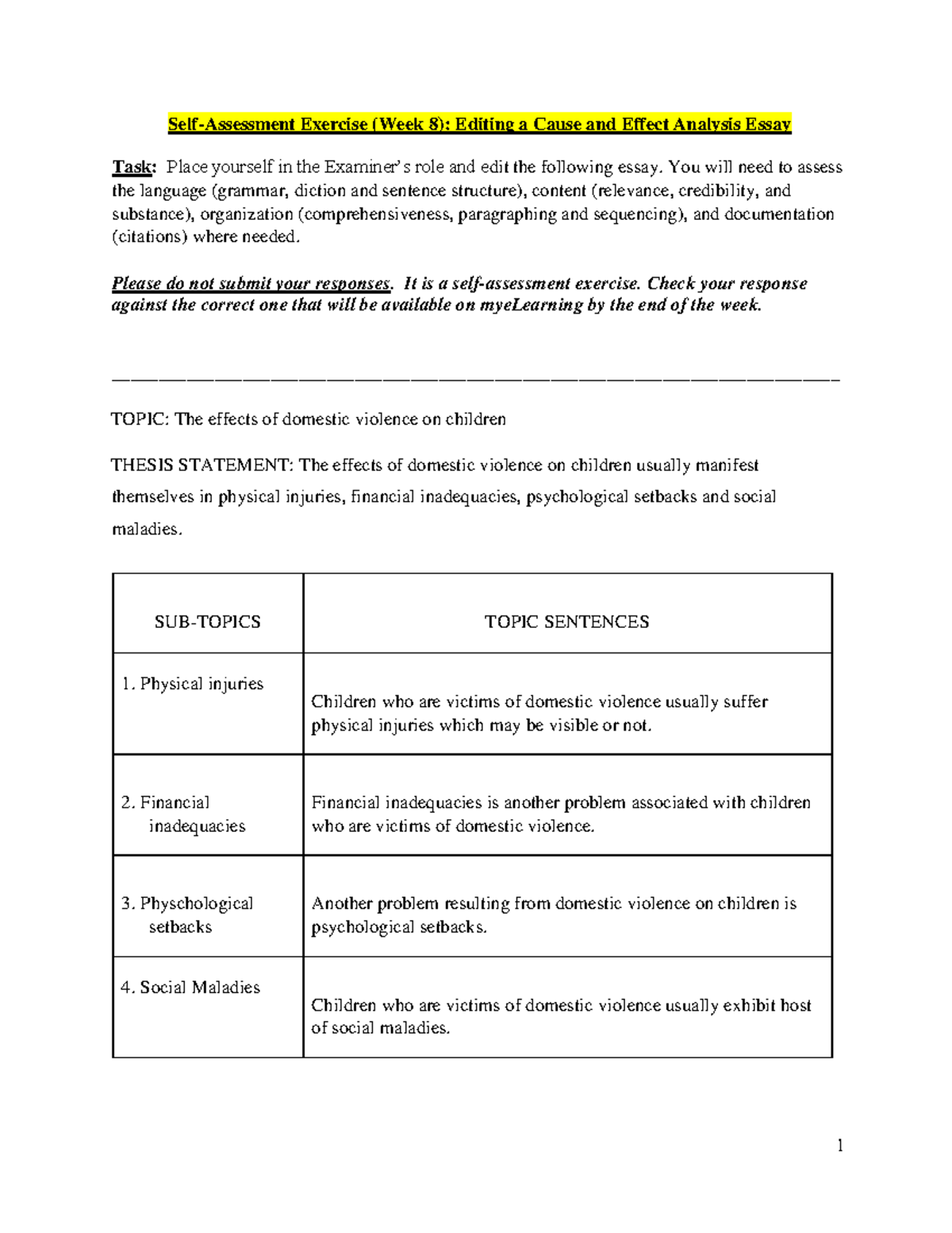 Self-Assessment Exercise (Week 8) - Editing a Cause and Effect Analysis ...