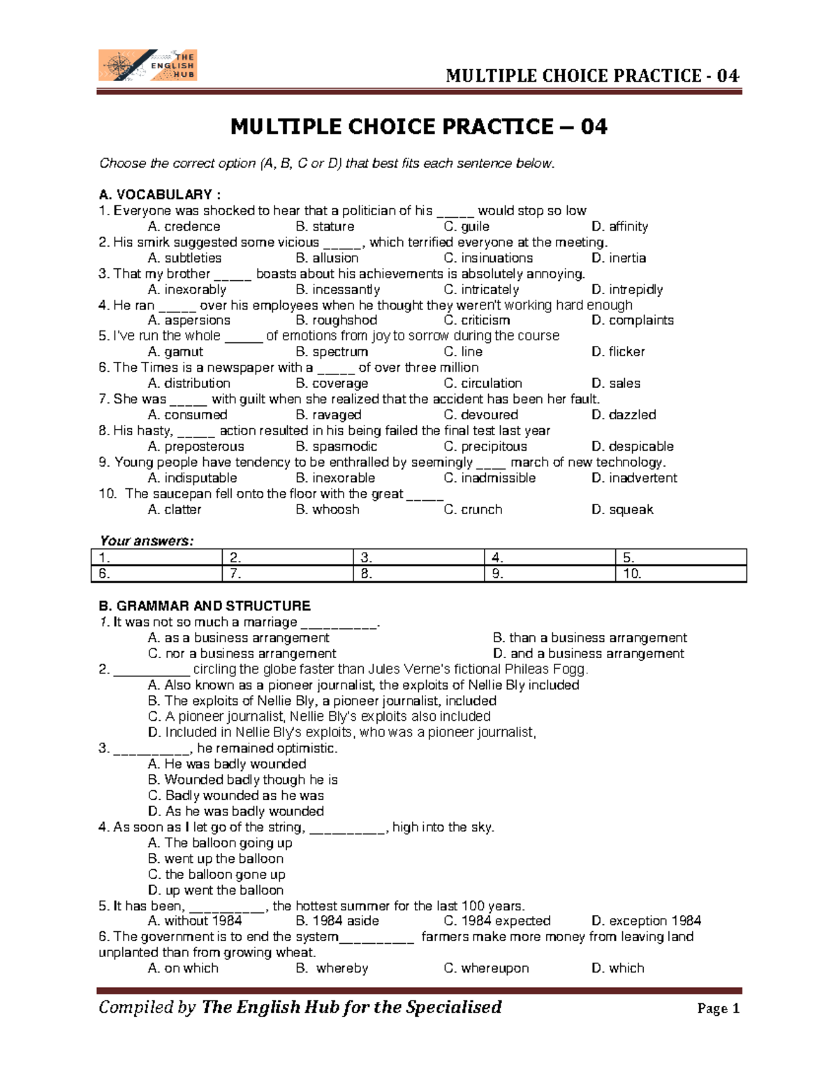 Multiple Choice Practice 04 - MULTIPLE CHOICE PRACTICE - 04 Compiled by ...