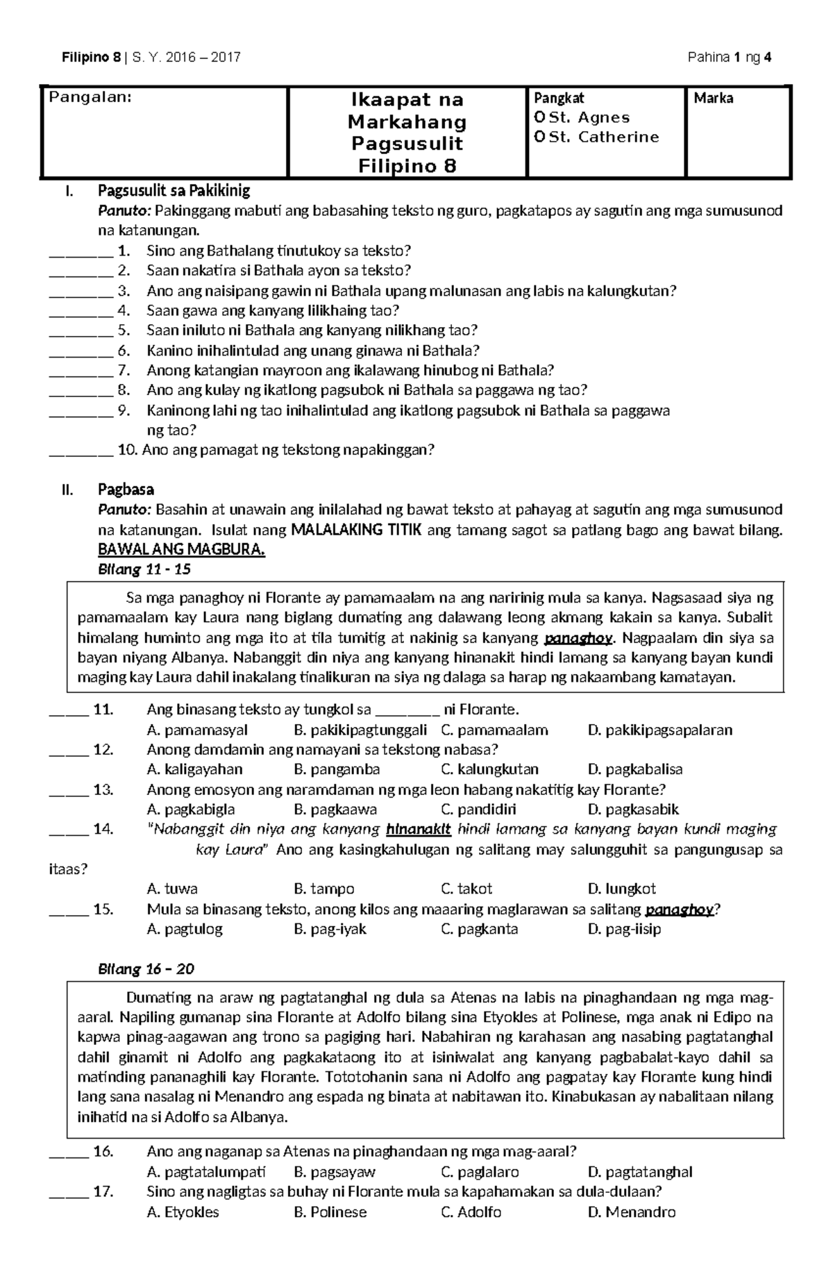 4th periodical test grade 8 Filipino - Pangalan: Ikaapat na Markahang ...