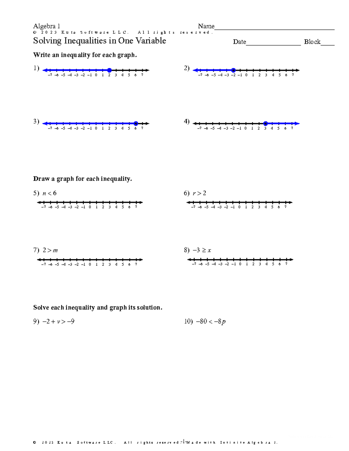 Infinite Algebra 1 - Solving Inequalities in One Variable - ©A Y 2 _ 0 ...