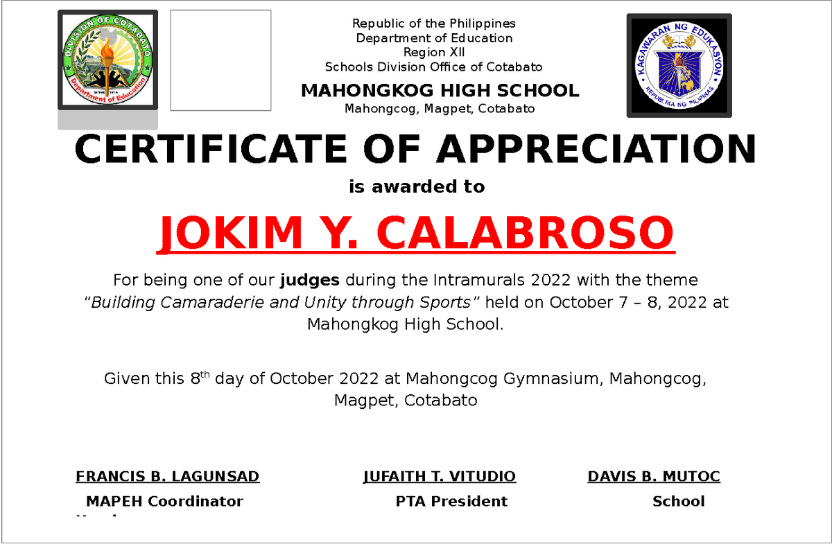 Certificate Of Appreciation Sample For Judges