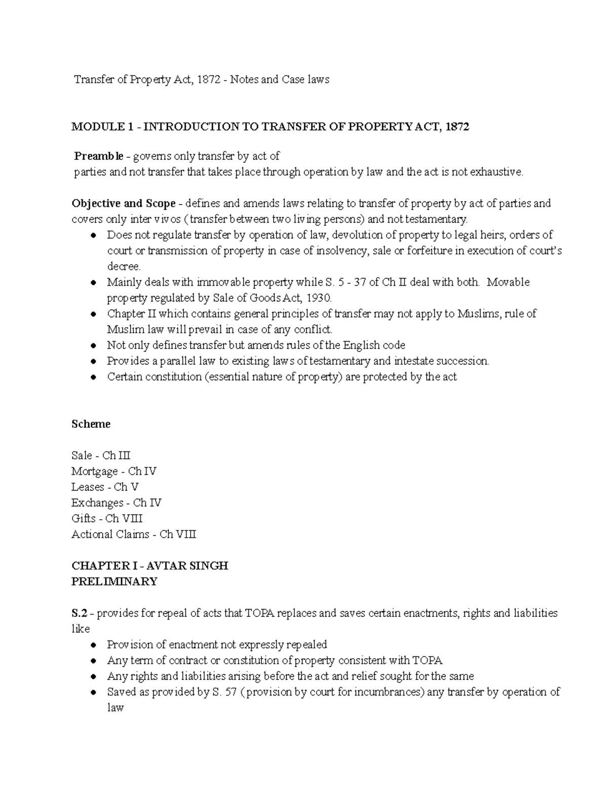 Transfer of Property Act, 1872 - Notes and Case laws - Objective and ...