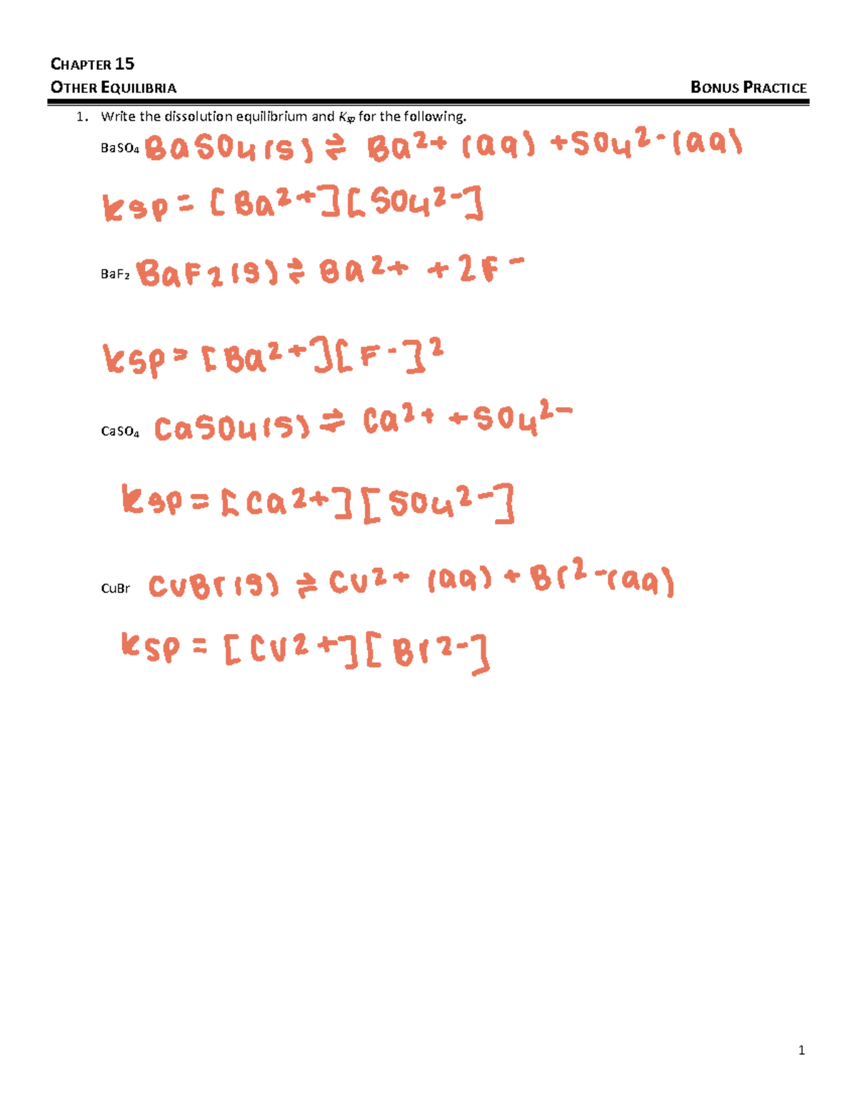Other Equilibrium Qs - OTHER EQUILIBRIA BONUS PRACTICE Write the ...
