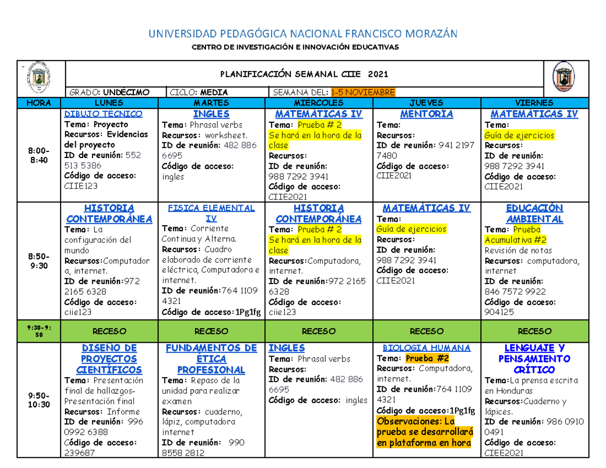 1 1° Grado Planificación Semanal.docx - UNIVERSIDAD PEDAGÓGICA NACIONAL ...