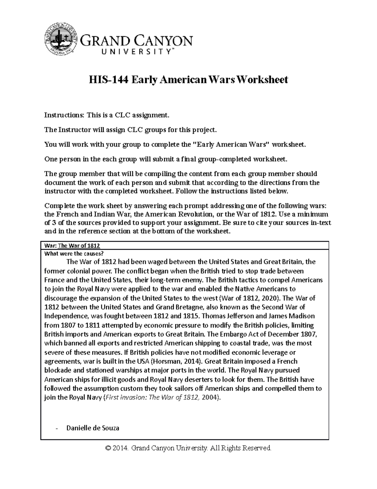 Early American Wars Worksheet - HIS-144 Early American Wars Worksheet ...