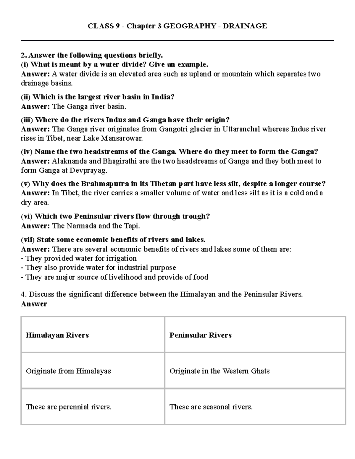 Lesson 3 - Drainage QA - CLASS 9 - Chapter 3 GEOGRAPHY - DRAINAGE ...