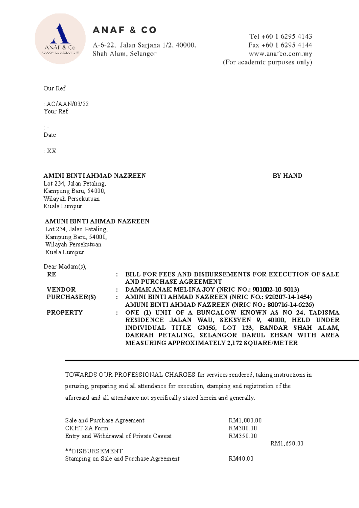 BILL FOR FEES letter - This is a sample of bill for fees for convey ...