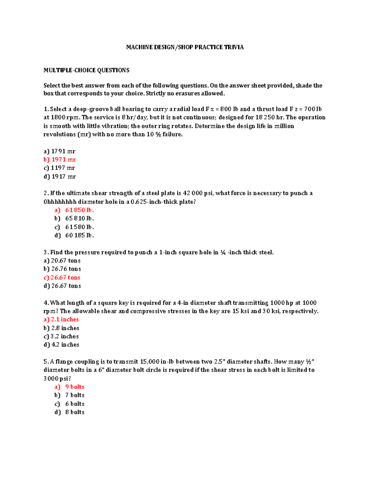 Machine Design Q - MULTIPLE-CHOICE QUESTIONS Select the best answer ...
