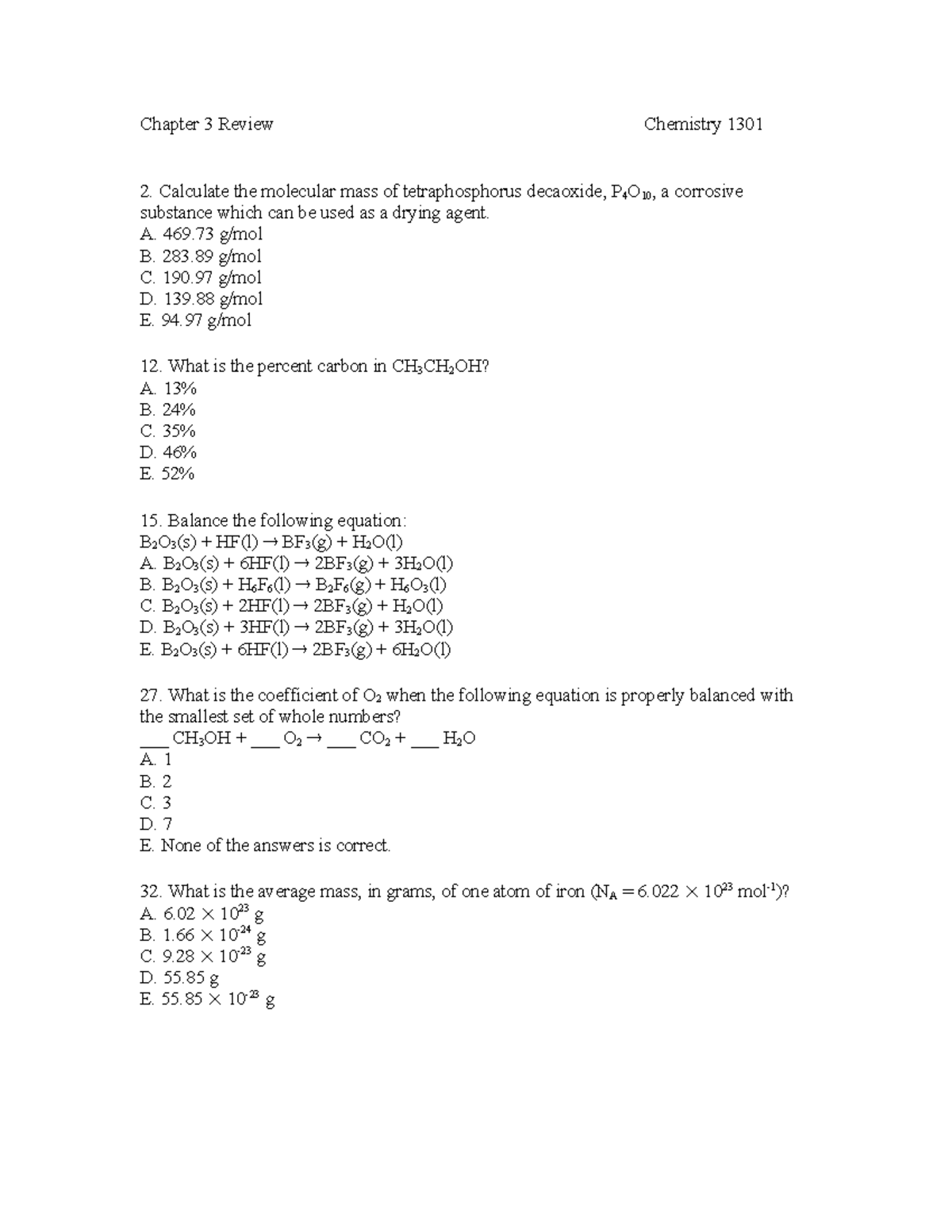Chapter 3 Review - Chapter 3 Review Chemistry 1301 2. Calculate the ...