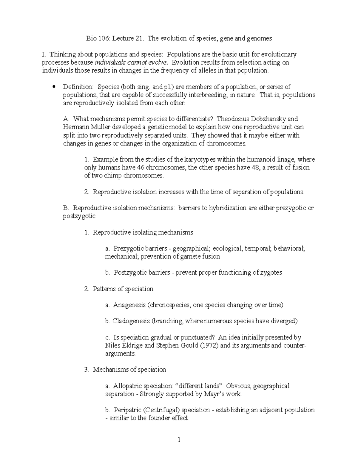 Lecture 21, Outline - notes - Bio 106: Lecture 21. The evolution of ...