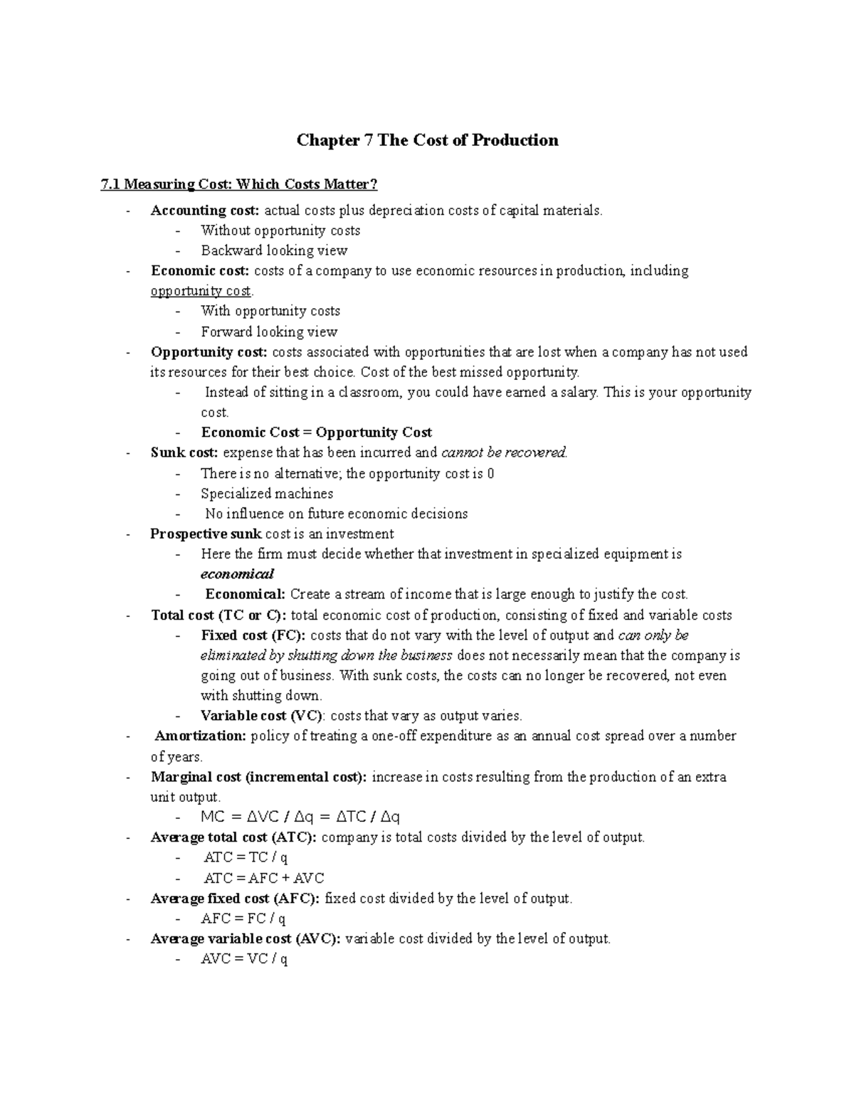 Chapter 7 The Cost of Production Notes - Chapter 7 The Cost of ...