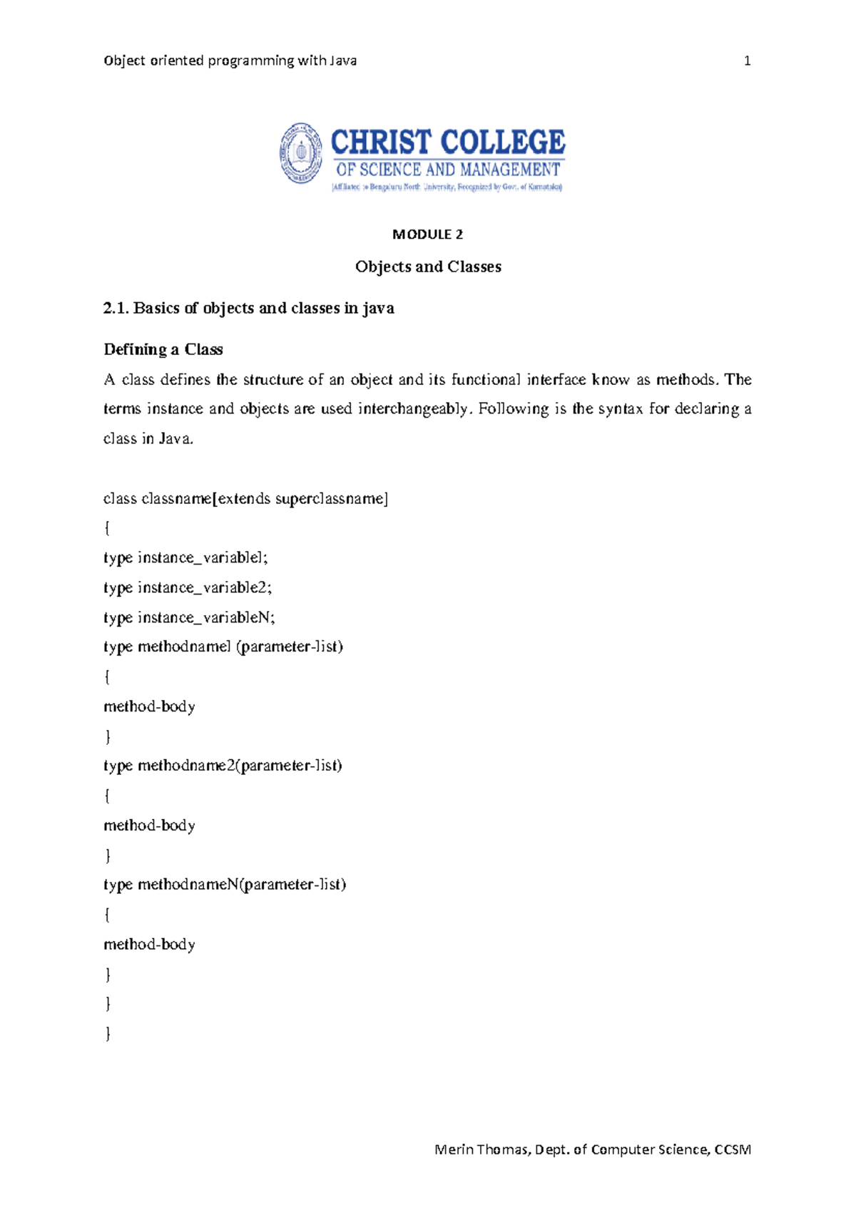 Module 2 Java Module 2 Objects And Classes 2 Basics Of Objects And Classes In Java Defining 