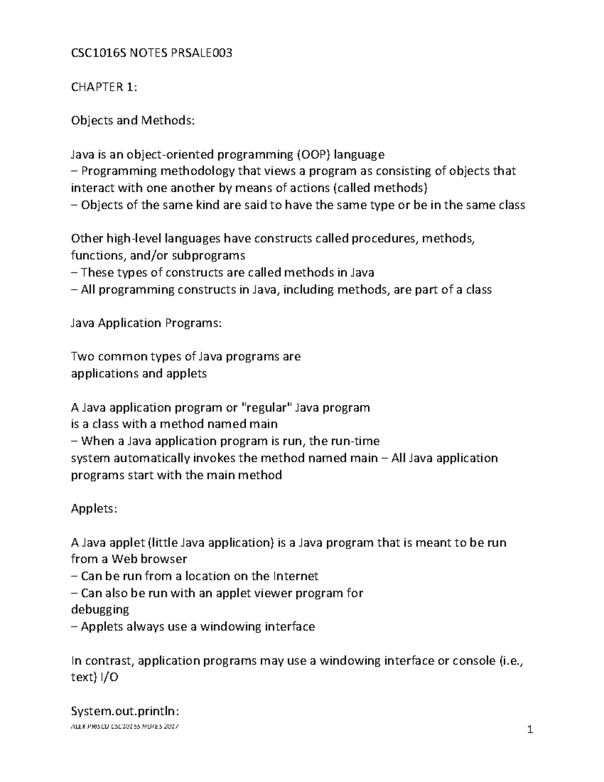 CSC1016S Notes - CSC1016S NOTES PRSALE003 CHAPTER 1: Objects and ...