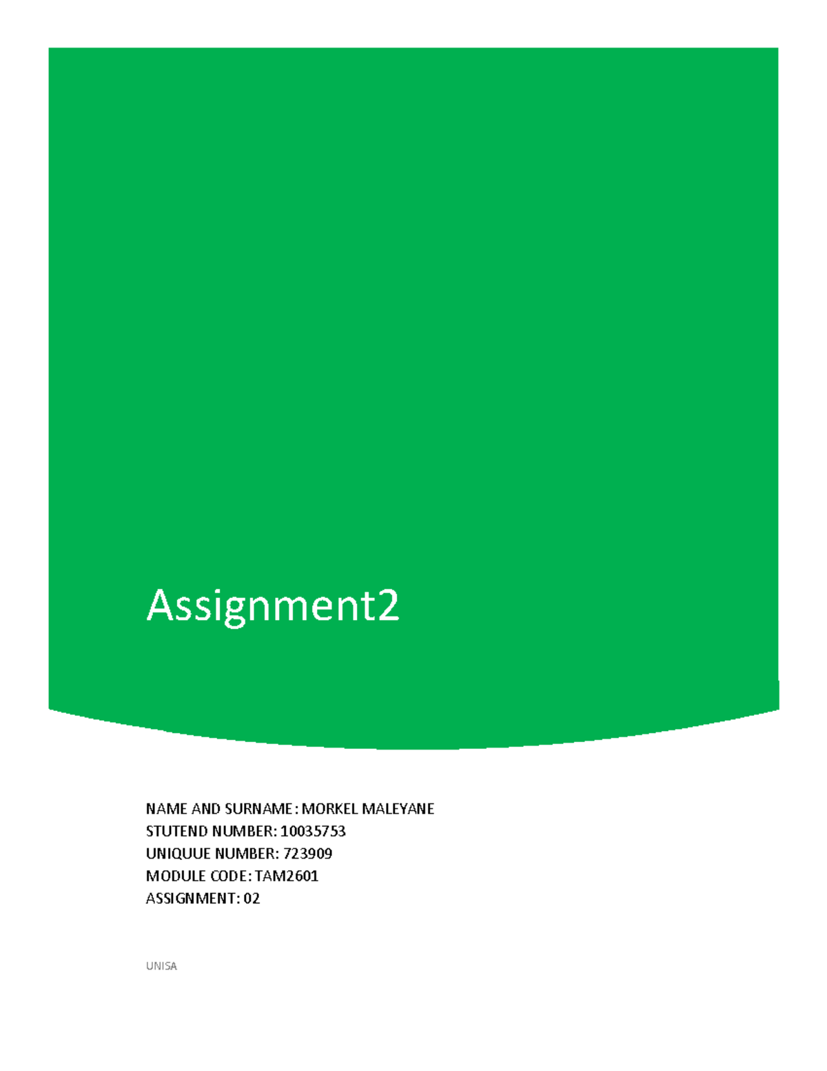 TAM2601 Assignment 2, 2023 072357 - Assignment 2 NAME AND SURNAME ...