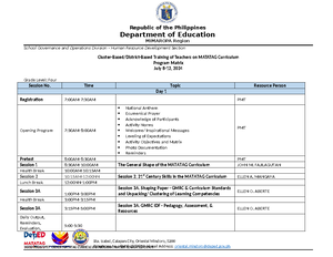 LES Language 1 Q2 Week2 v2 - MATATAG K to 10 Curriculum Weekly Lesson Log School Grade Level 1 ...