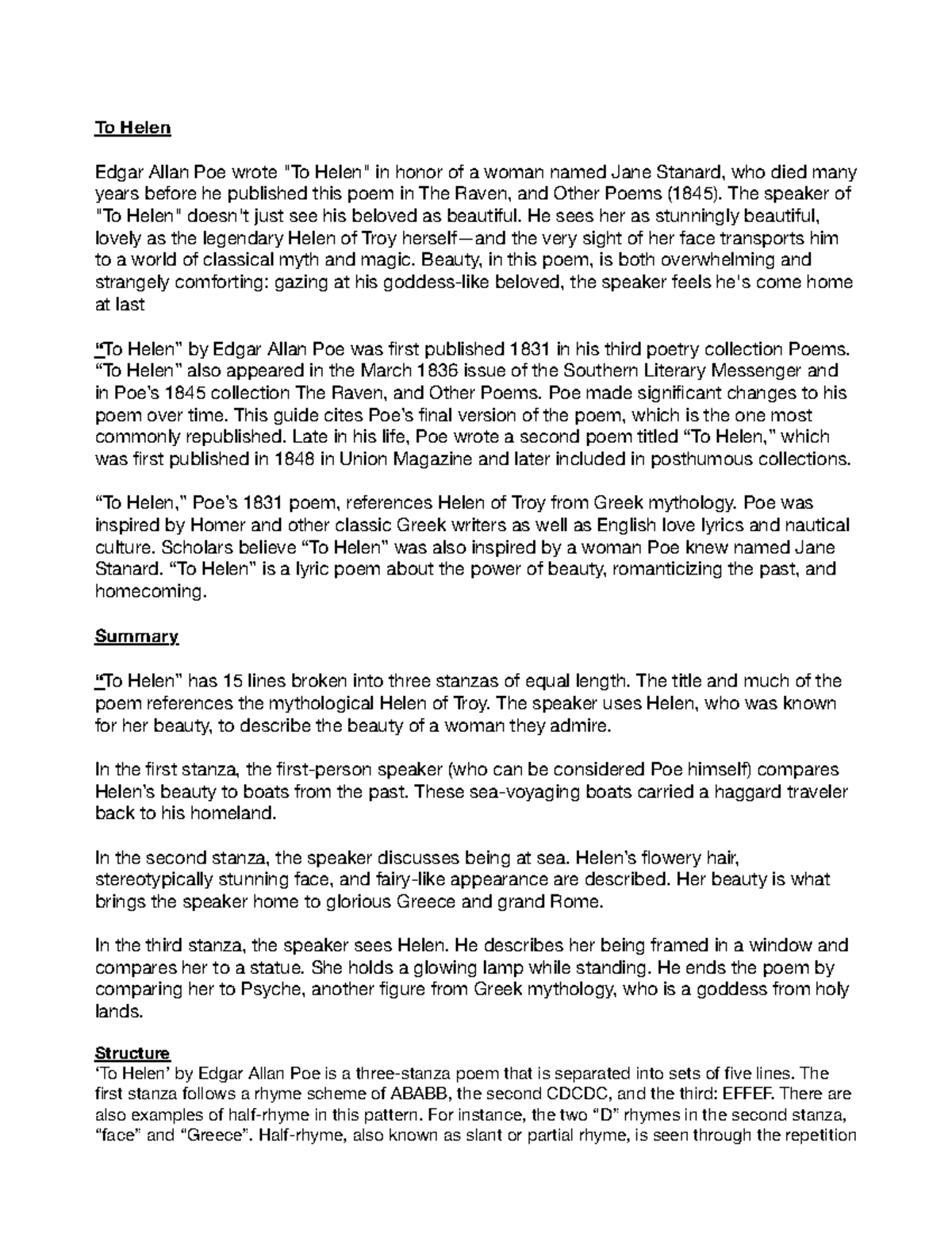 To Helen notes - To Helen Edgar Allan Poe wrote "To Helen" in honor of ...