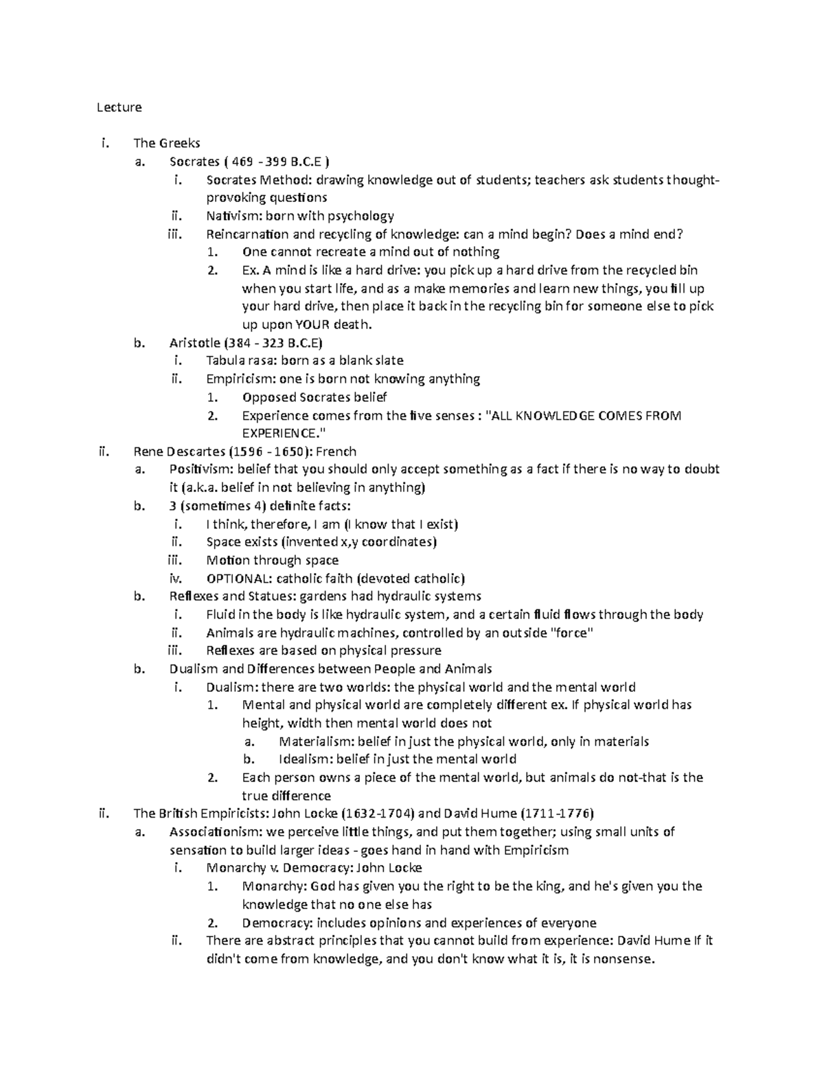 Psych 1101 - Chapter 1 - Lecture notes 1 - Lecture i. The Greeks a ...