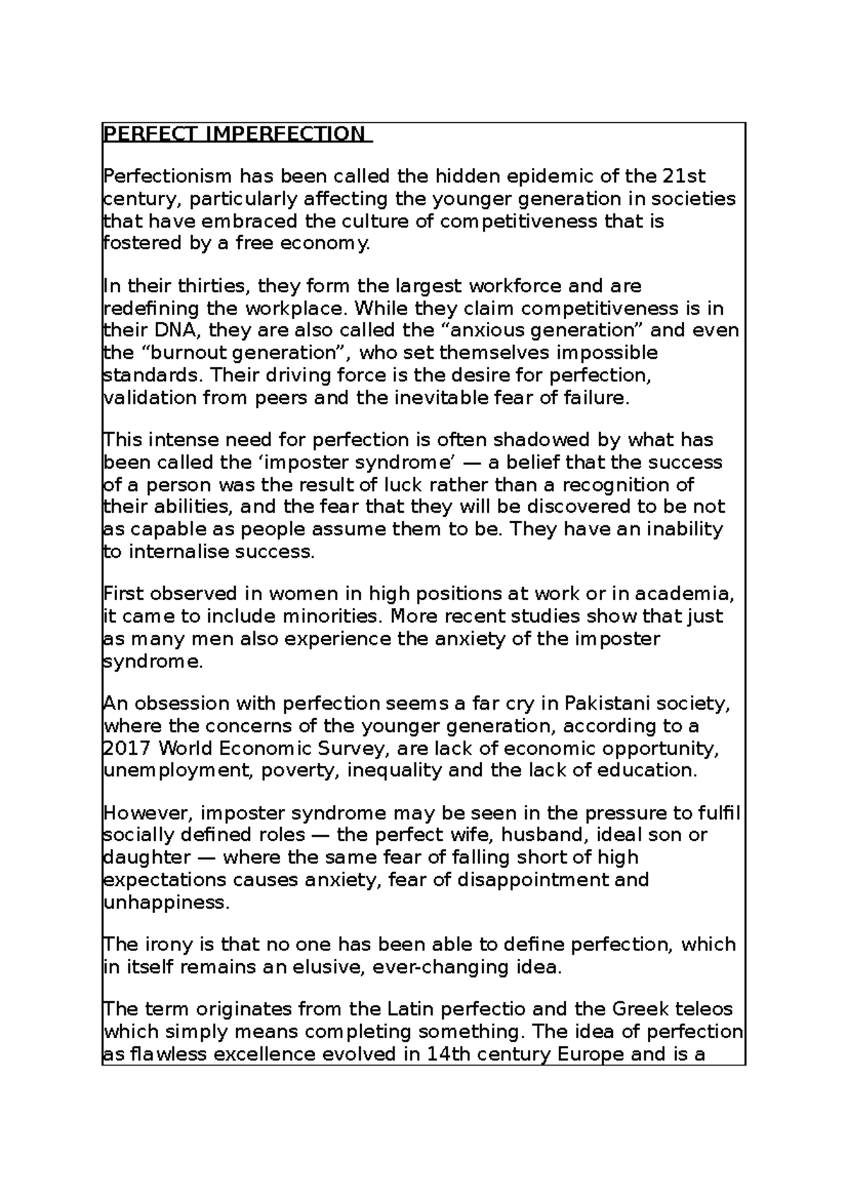 Document (17) - PERFECT IMPERFECTION Perfectionism has been called the ...