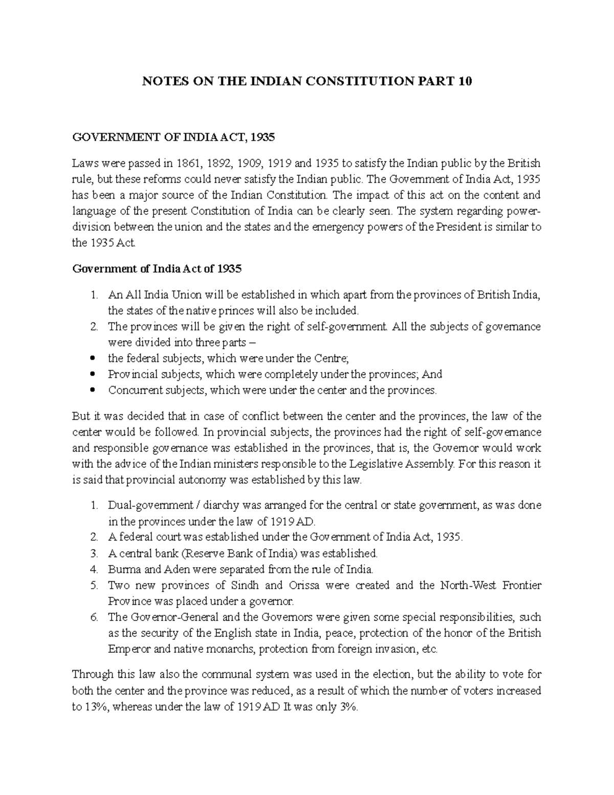 Notes ON THE Indian Constitution PART 10 - NOTES ON THE INDIAN ...