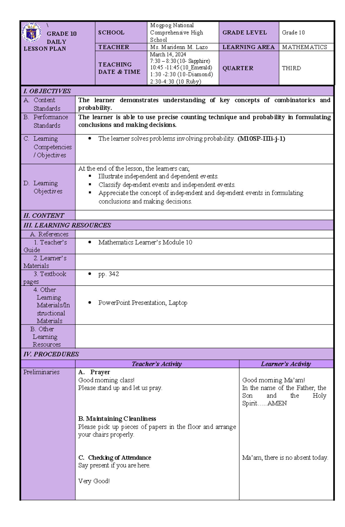 Dependent AND Independent Events - \ GRADE 10 DAILY LESSON PLAN SCHOOL ...
