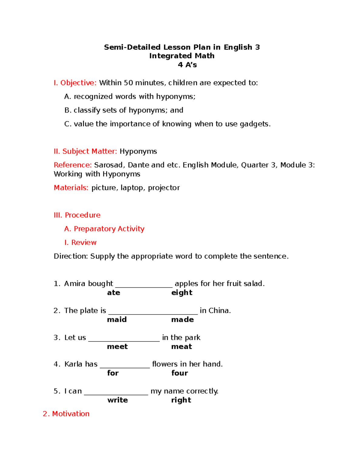 Semi-LP in English 3 Hyponyms - Semi-Detailed Lesson Plan in English 3 ...