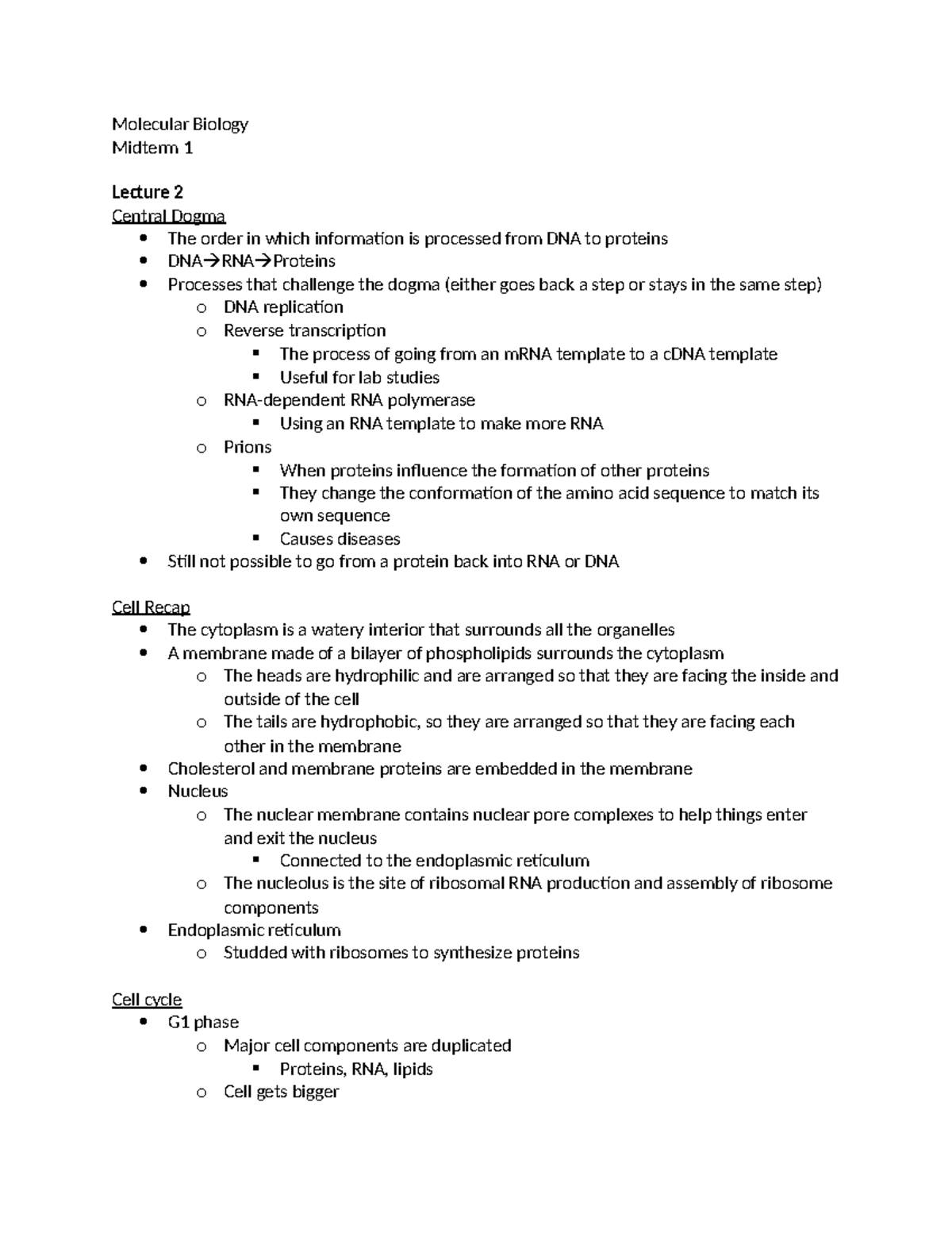 Molecular Biology midterm 1 notes - Molecular Biology Midterm 1 Lecture ...