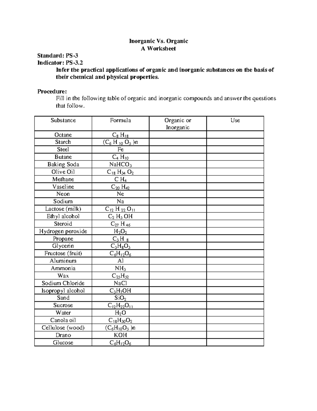 32Inorganic Vs Organic AWorksheet - Inorganic Vs. Organic A Worksheet ...