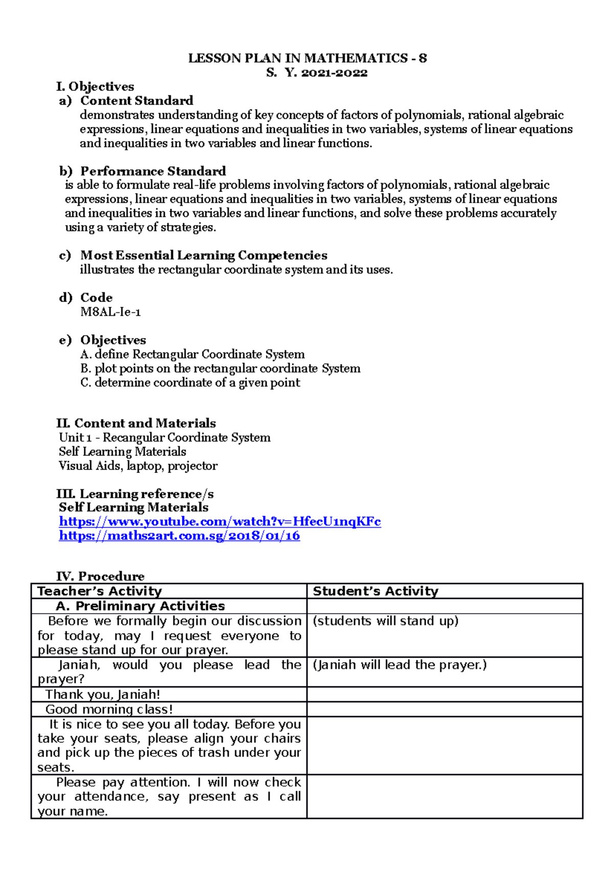 RENE DESCARTES AND HIS RECTANGULAR COORDINATE SYSTEM - LESSON PLAN IN ...