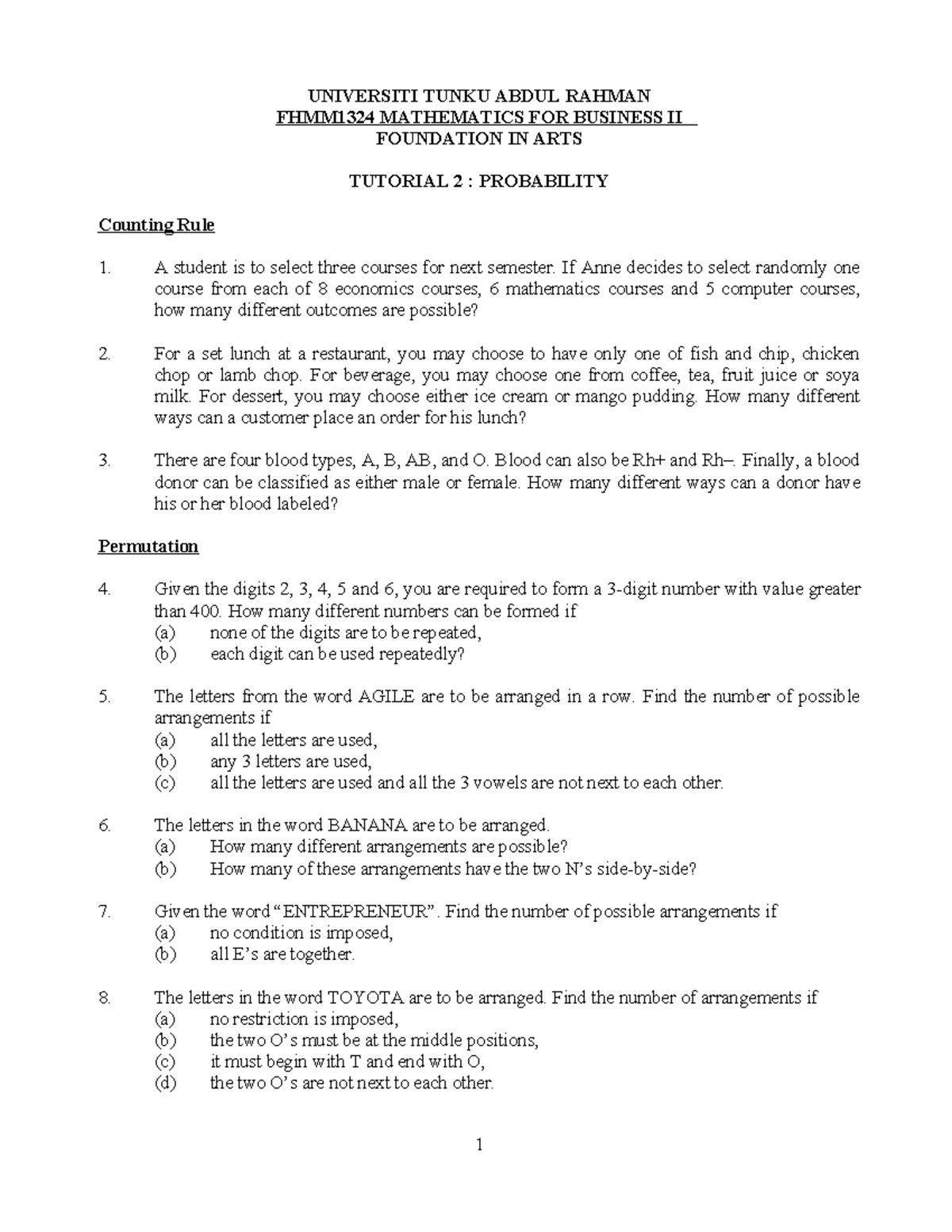 Tutorial 2 - UNIVERSITI TUNKU ABDUL RAHMAN FHMM1324 MATHEMATICS FOR ...