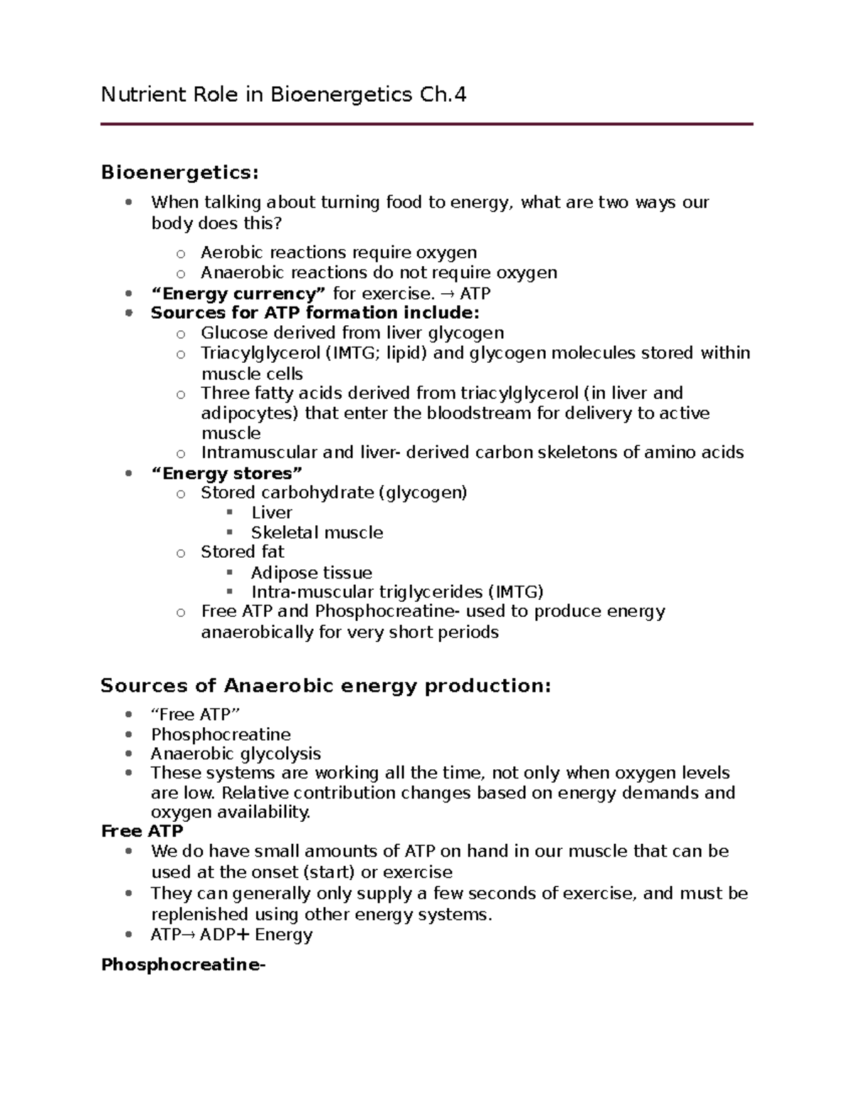 Nutrient Role in Bioenergetics Ch - Bioenergetics: When talking about ...