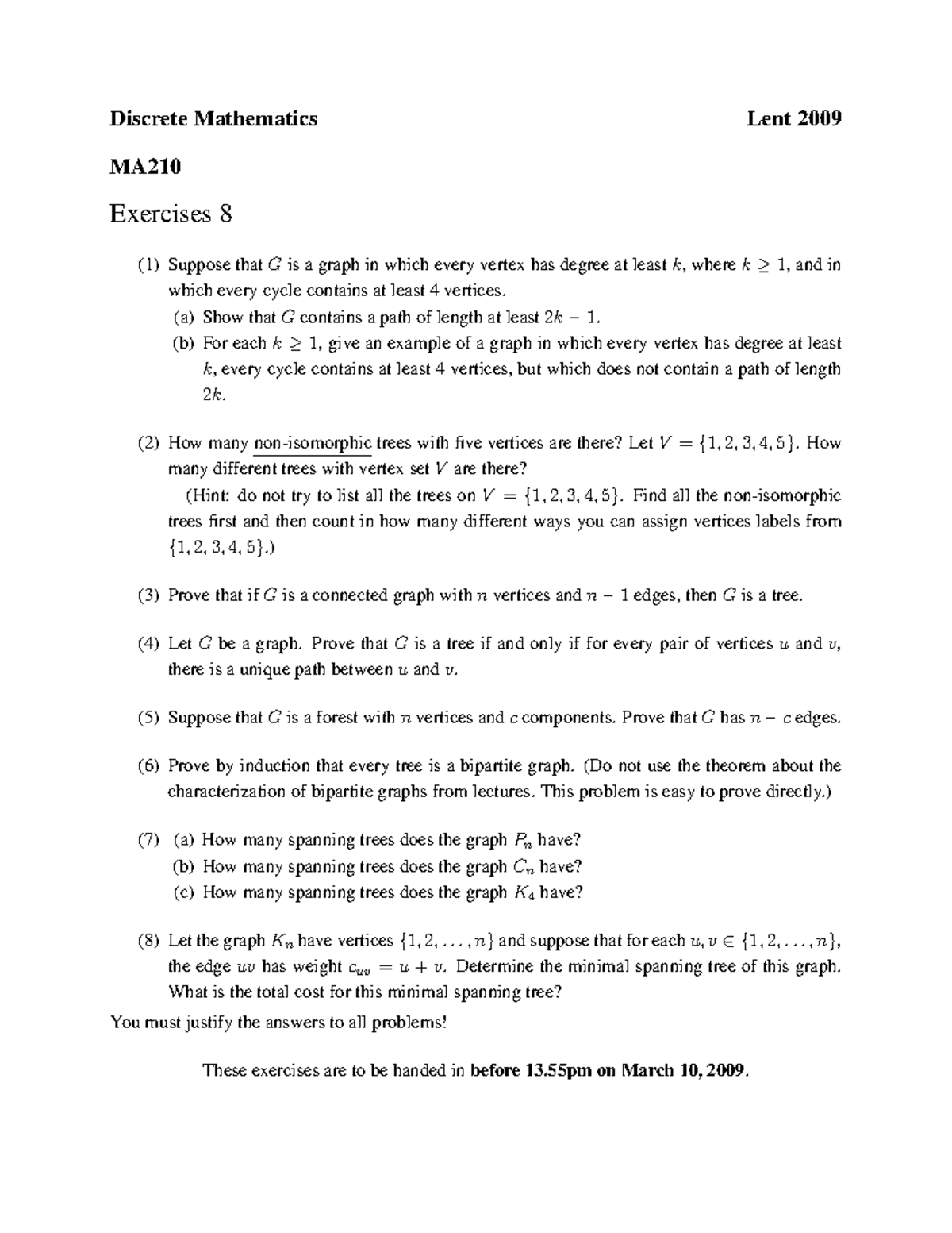 MA210 2009-2010 Week 8 Exercises - Discrete Mathematics Lent 2009 MA ...