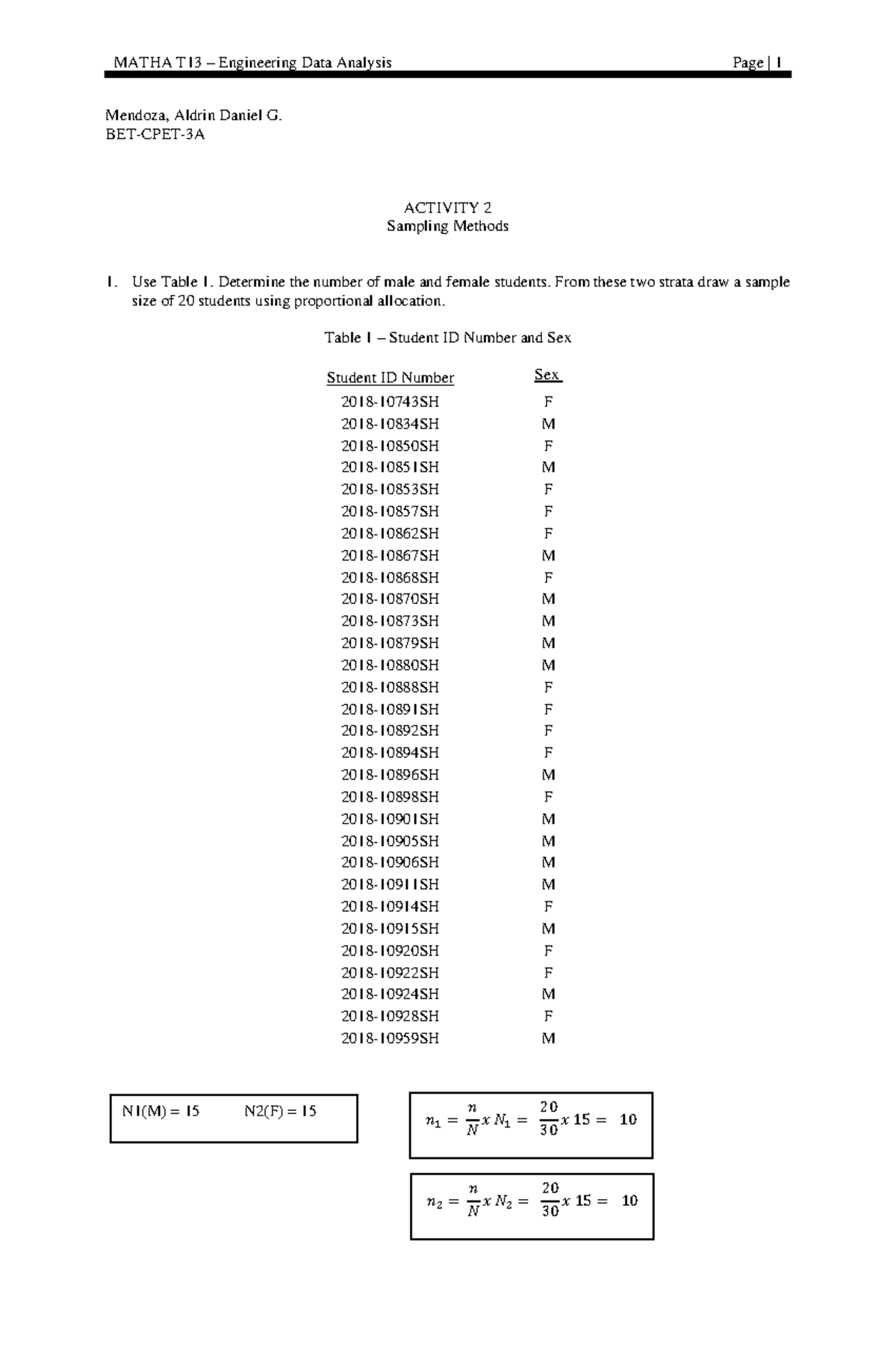 Activity 2 - 𝑛 1 = 𝑛 𝑁 𝑥 𝑁 1 = 20 30 𝑥 15 = 10 𝑛 2 = 𝑛 𝑁 𝑥 𝑁 2 = 20 30 ...