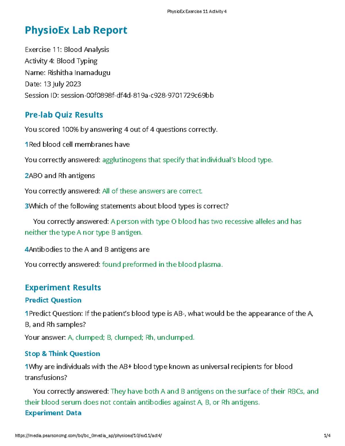 Physio Ex Exercise 11 Activity 4 - PhysioEx Lab Report Exercise 11: Blood Analysis Activity 4 ...