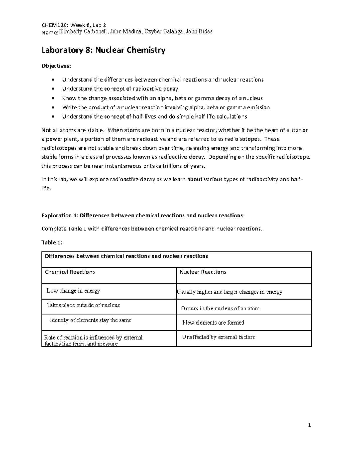 Lab8 Nuclear-Chemistry-lab-1 - Name: Laboratory 8: Nuclear Chemistry Objectives: - Understand ...