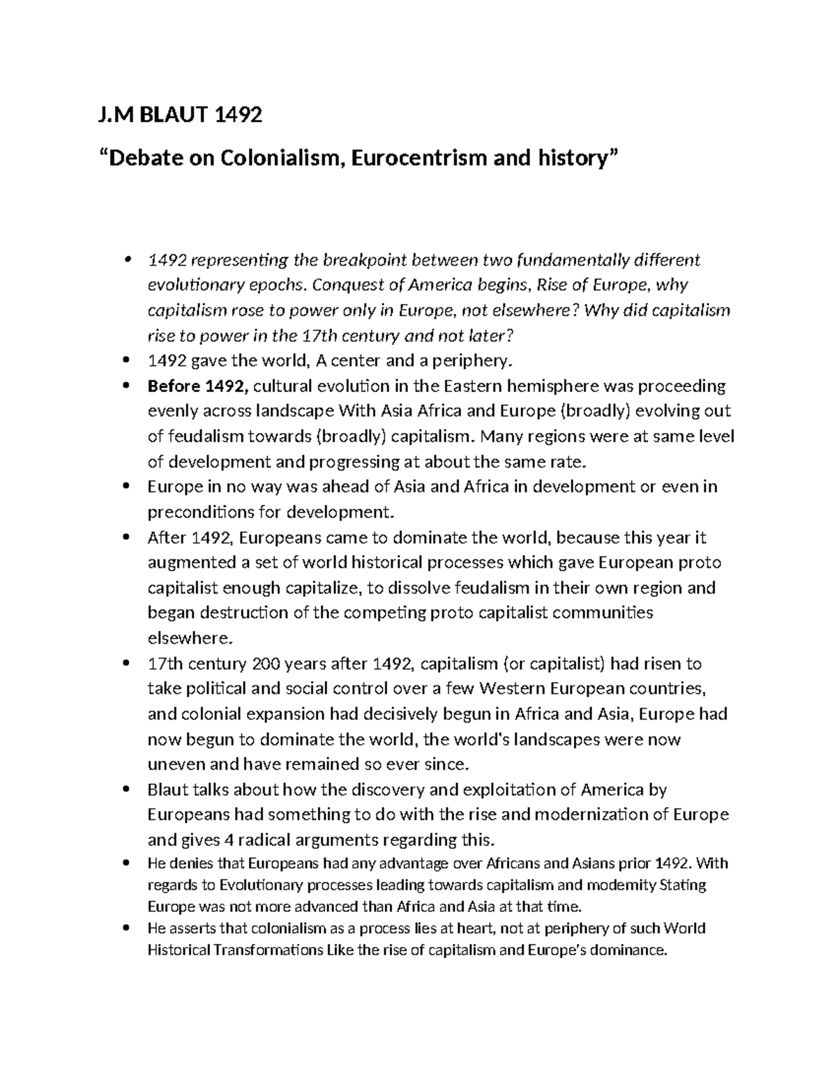 Blaut 1492 - J BLAUT 1492 “Debate on Colonialism, Eurocentrism and ...