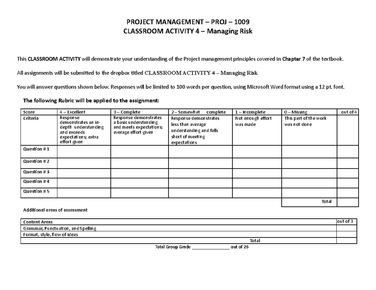 Classroom Activity 4 - PROJECT MANAGEMENT – PROJ – 1009 CLASSROOM ...