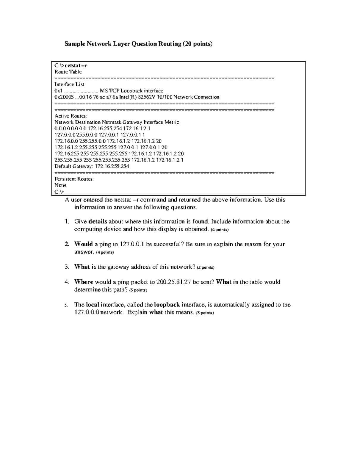 Sample Network Layer Question Routing - ........................ MS TCP ...