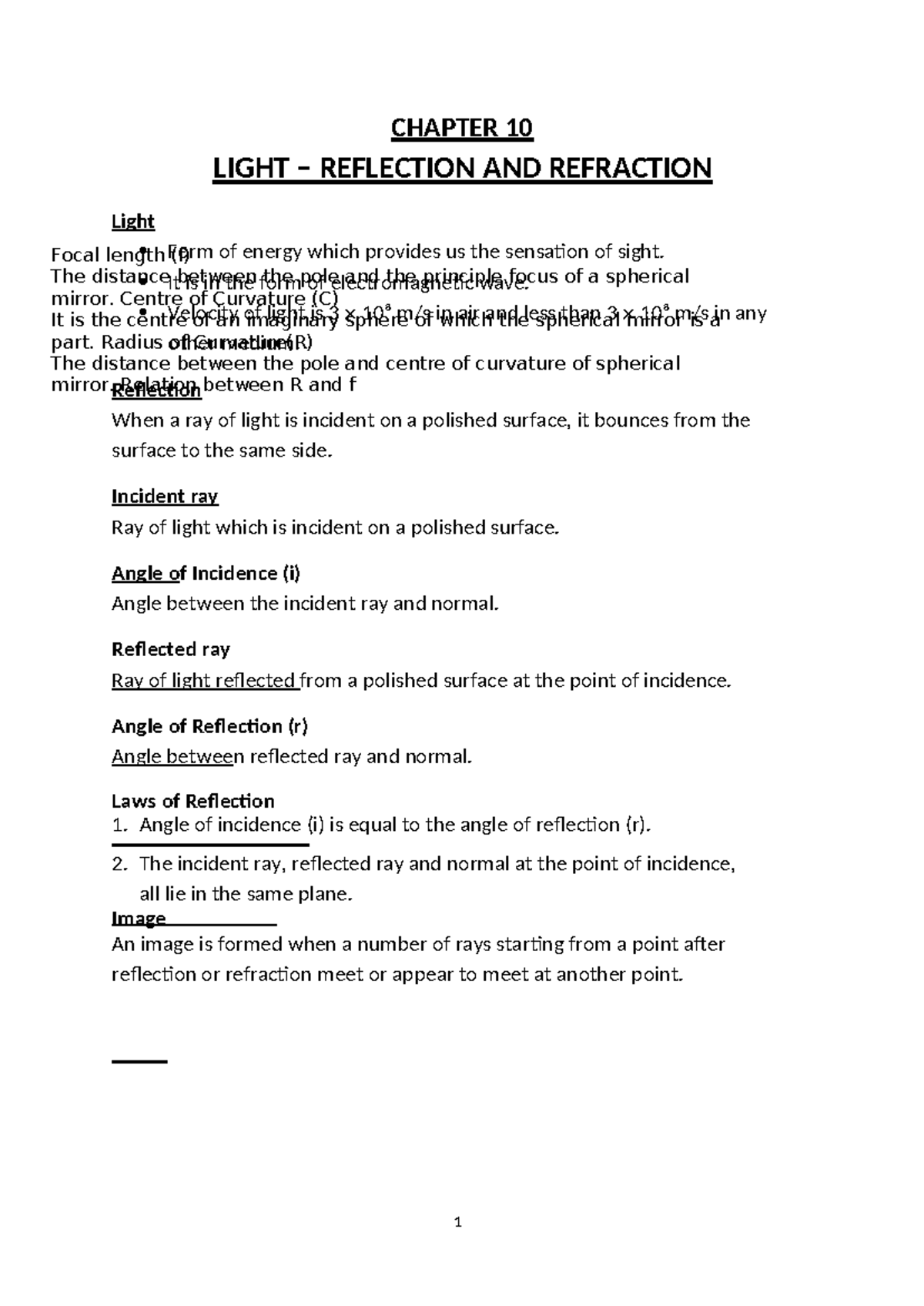 Light - Reflection AND Refraction - CHAPTER 10 LIGHT – REFLECTION AND ...