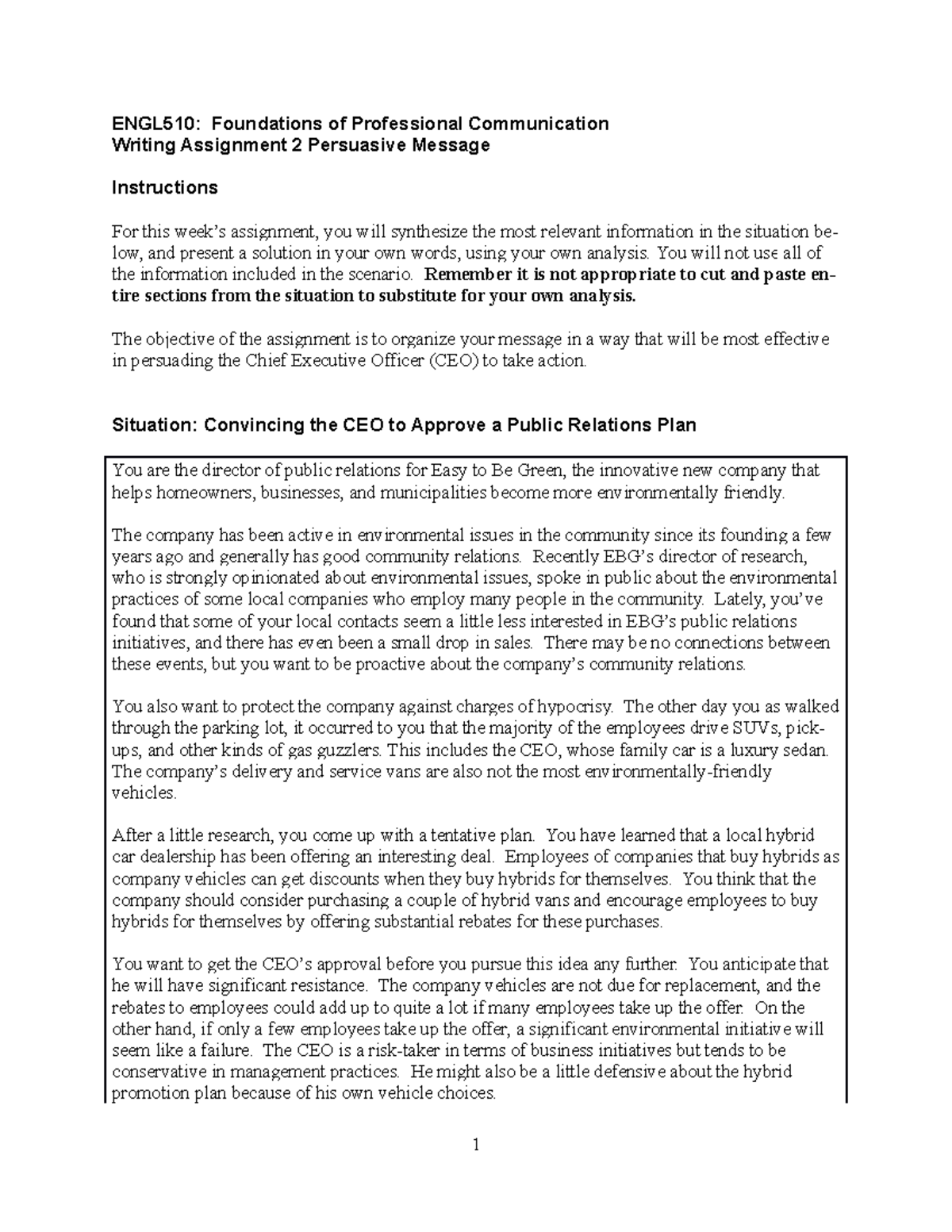 Documents-W3.Writing Assignment 2 - Persuasive Message - ENGL510: Foundations of Professional ...