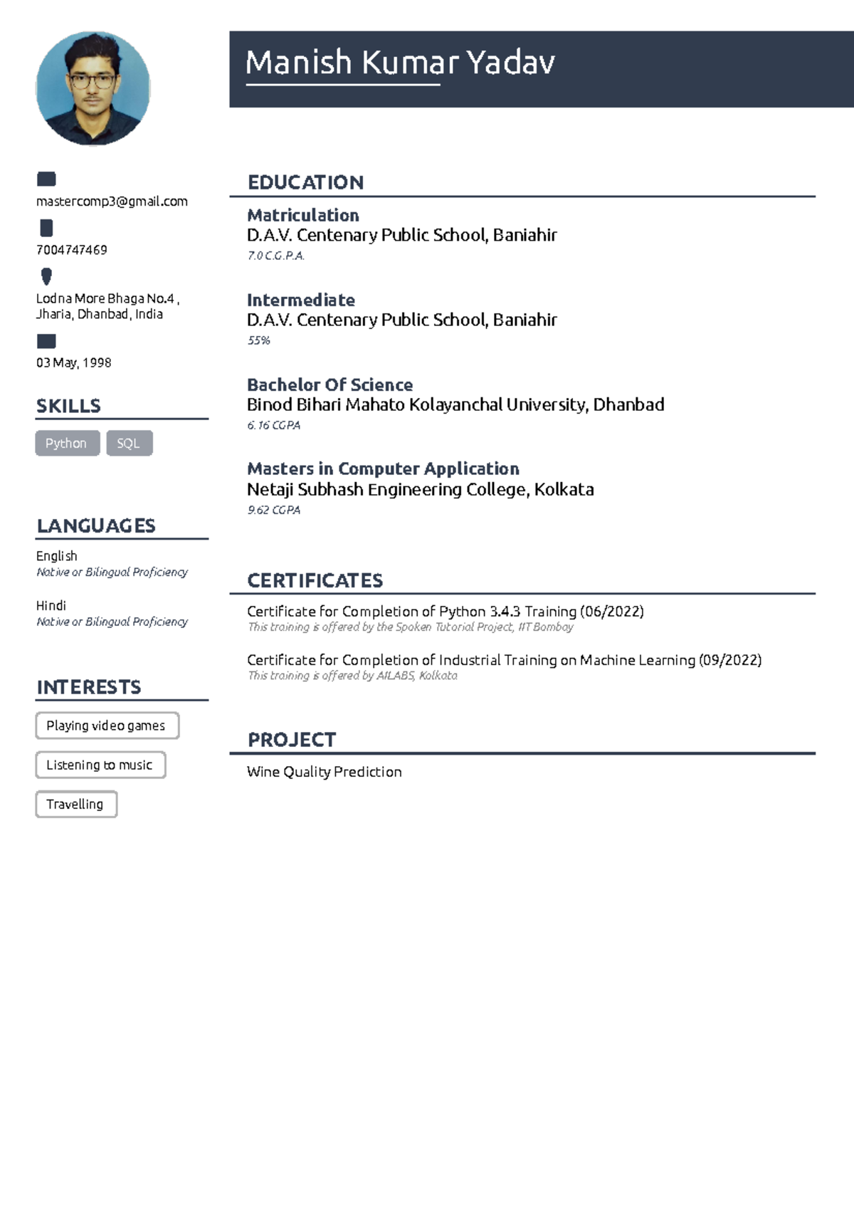 Manish's Resume Project - Manish Kumar Yadav mastercomp3@gmail ...